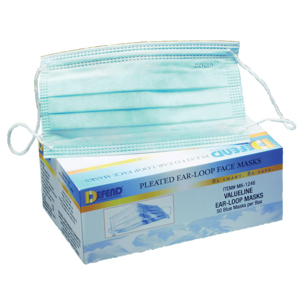 Defend Breathe EZ Pleated Ear Loop Mask 50/Bx Blue Case Pack 10/Cs (14845)